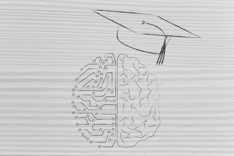Half Digital Half Human Brain with Graduation Mortar Cap, Genius Stock ...