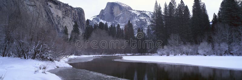 Half Dome and Merced River in Winter Stock Photo - Image of panoramic ...