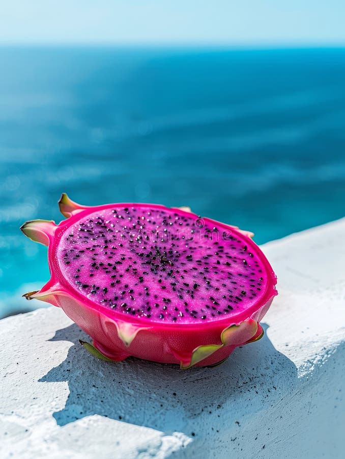 Half a Dragon Fruit with a Vibrant Pink Interior by the Sea. Stock ...