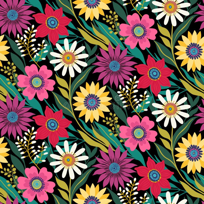 Half Drop Floral Seamless Pattern of Fantasy Flowers in Green, Yellow ... Half Drop Floral Seamless Pattern of Fantasy Flowers in Green, Yellow ...