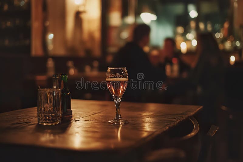 Half-drunk Glass of Beer on Wooden Table with Bottles and an Empty ...