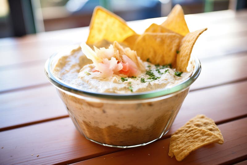 Half-eaten Bowl of Dip Showing Layers, with Whole Wheat Chips Stock ...