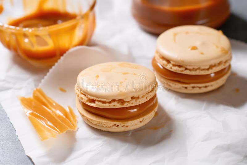 Half-eaten Caramel Macaron on a Paper Napkin Stock Image - Image of ...