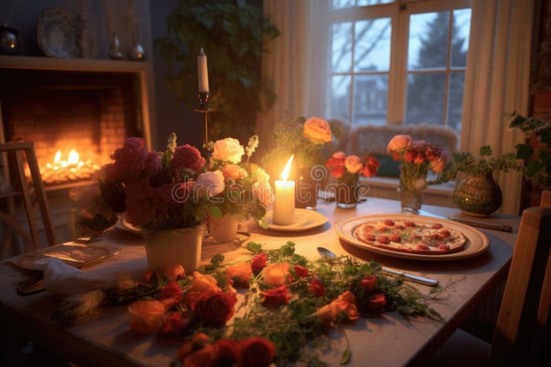 Half-eaten Pizza on a Cozy Dining Table with Candles and Flowers Stock ...