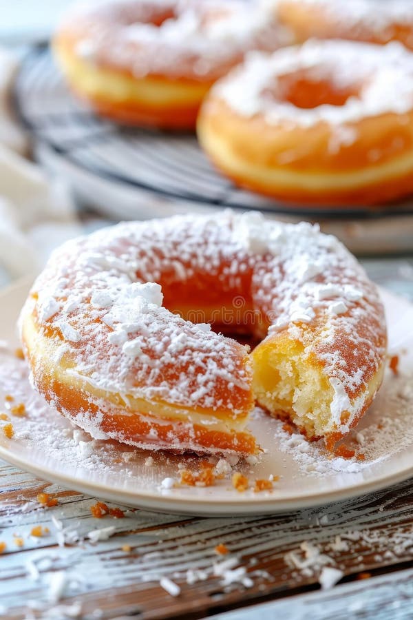 Half Eaten Powdered Donut with Crumbs on Plate, White Background, Copy ...
