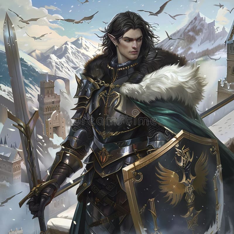 A Half-elf Noble Knight Stands Atop a Battlement, Dressed in Silver ...