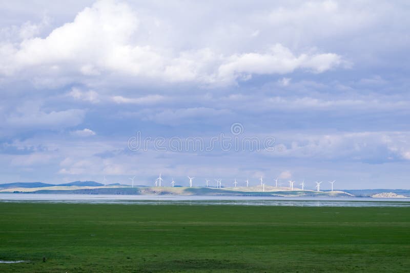 Half Empty Lake George with a Wind Farm in the Distance Stock Photo ...