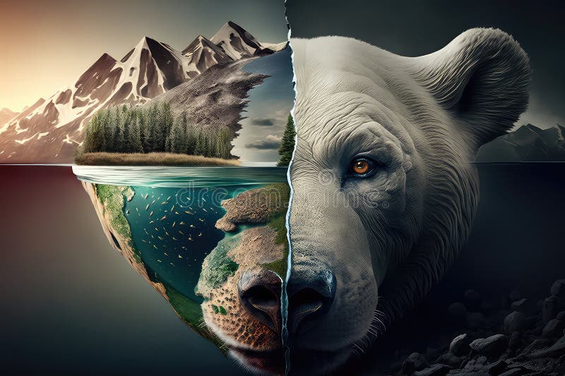 Half Face of Bear Close-up and Planet: Lakes, Mountains and Forests ...