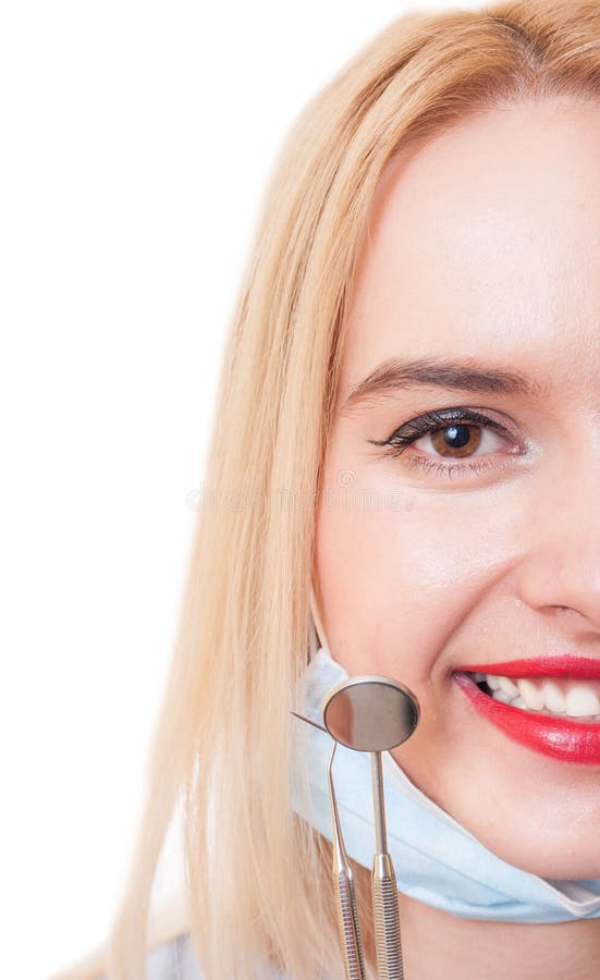 Half Face of a Dentist Woman with Smile Stock Photo - Image of grinder ...