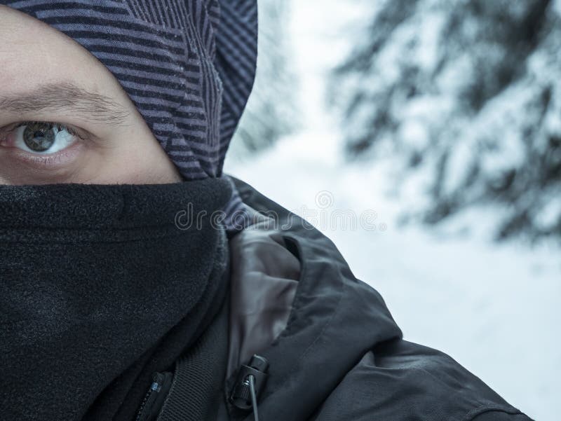 Half Face Detailed Portrait of a Hiker in a Cold Winter Landscape Stock ...