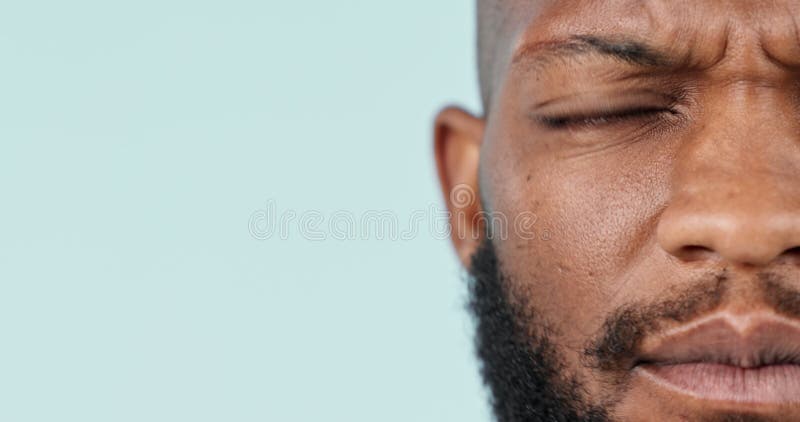 Half Face, Mockup and a Confused Man with Doubt in Studio on Blue ...