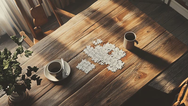 Half-finished Puzzle on Wooden Dining Table. Stock Photo - Image of ...
