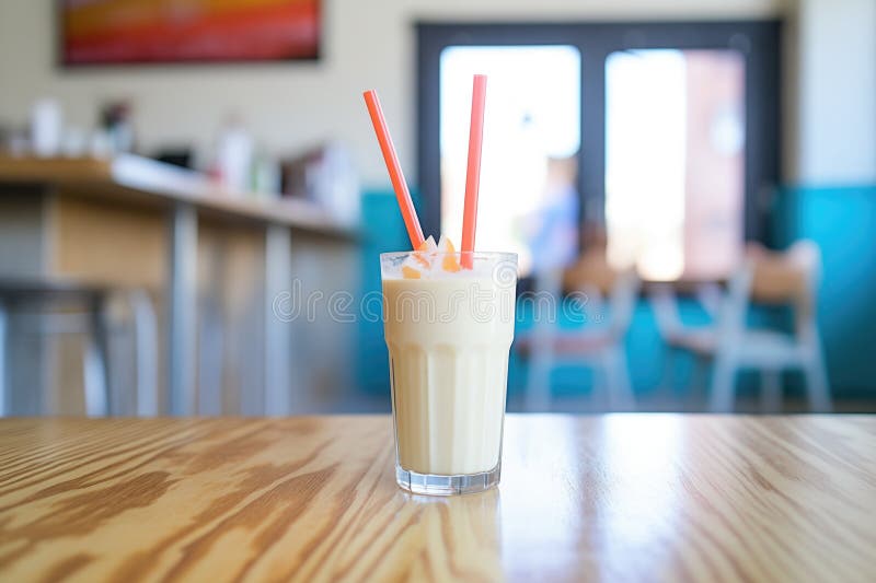 Half Full Vanilla Shake with Two Straws on a Date Night Table Stock ...