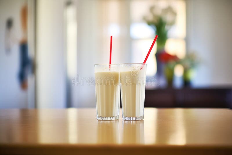 Half Full Vanilla Shake with Two Straws on a Date Night Table Stock ...