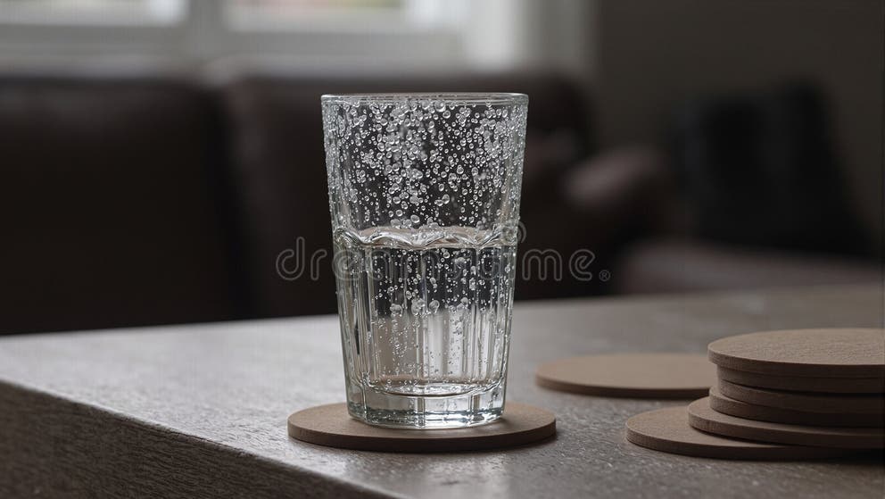 Half Full Water Glass on Table with Scattered Coasters Condensation ...