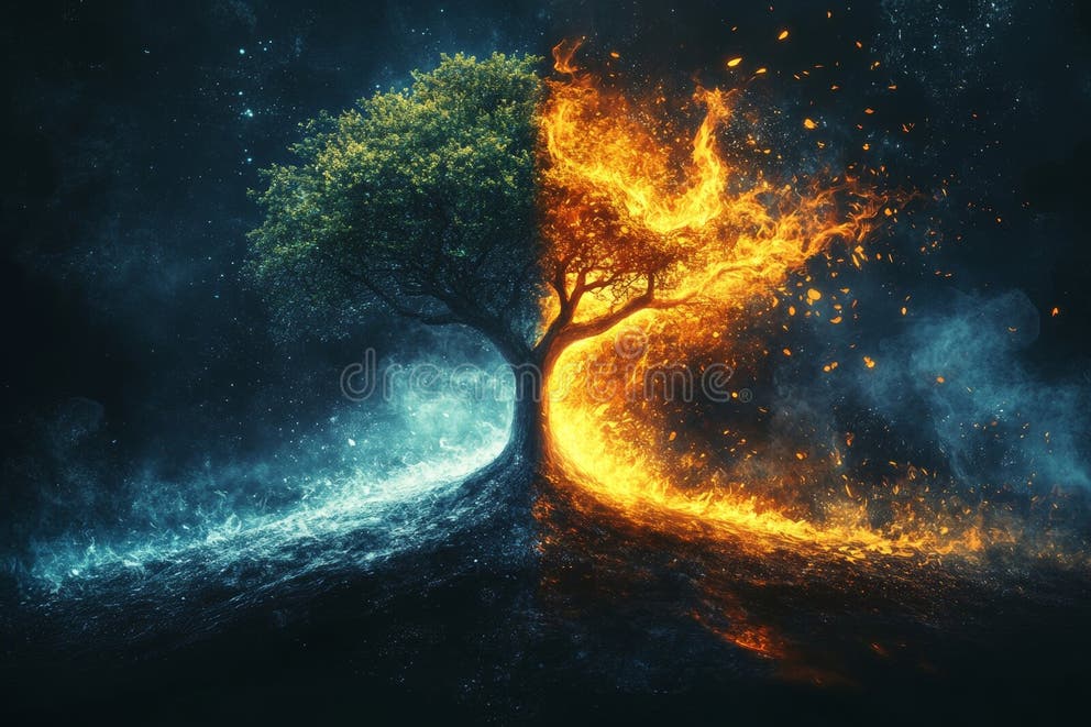 A Half-green, Half-dead Tree on Fire Serves As a Symbol for the Global ...