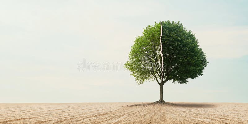 Half Green Half Dry Tree Symbolizing Climate Change and Environmental ...