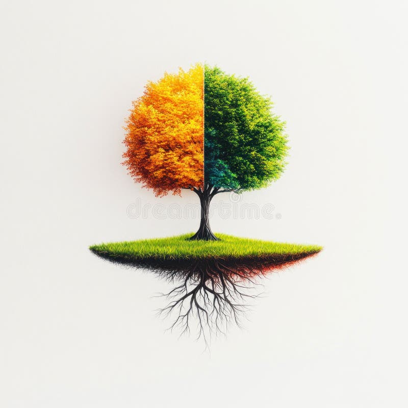 Half Green and Orange Tree with Visible Roots on Floating Island Stock ...