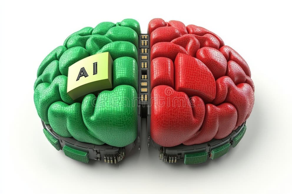 Half Green Half Red Segmented AI Brain Symbolizing Duality in ...