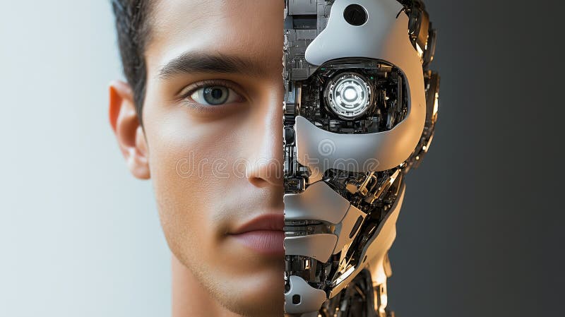 Man Merging with Artificial Intelligence Robot Face Showing ...