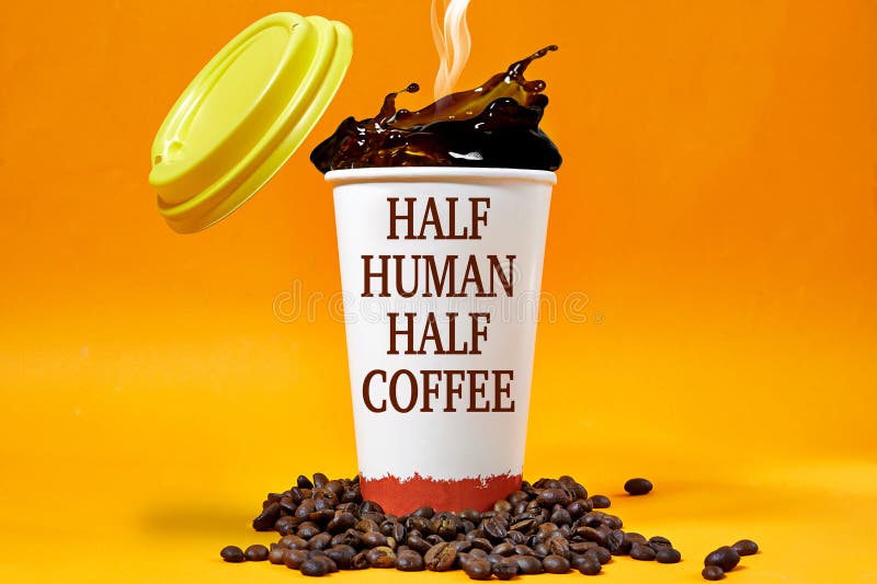 Half Human Half Coffee on Disposable Cup with Flying Lid and Splash of ...