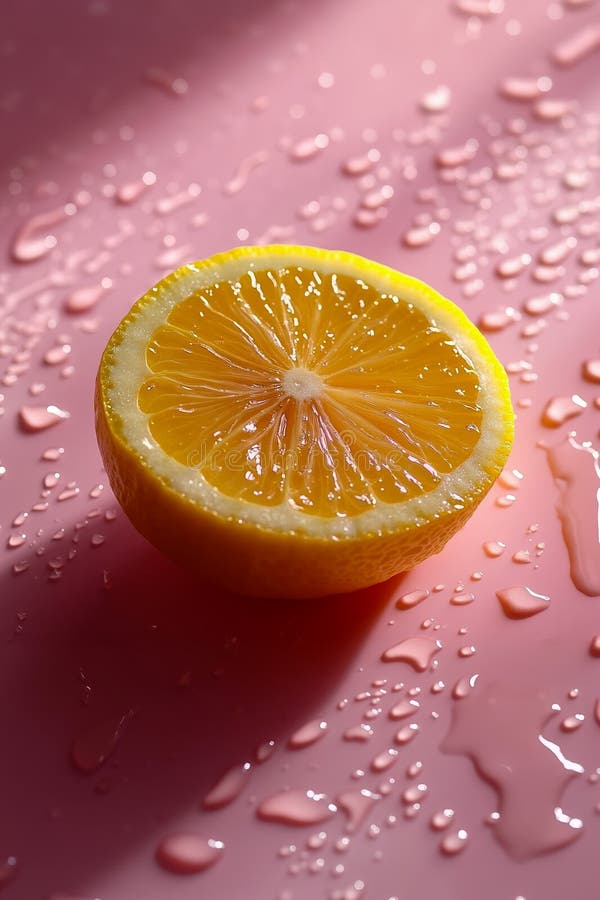 A Half of a Lemon on a Pink Surface with Water Droplets Stock ...
