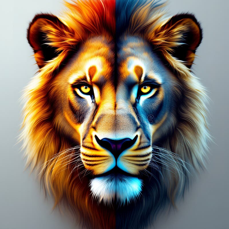 Half-Lion, Half-Human Face with Striking Colors Stock Illustration ...