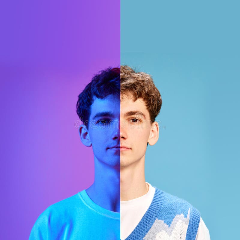 Half-lit and Half-shadowed Portrait of Young Man. Optimism Battling ...