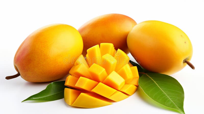 Half of Mango Fruit Decorated with Leaves Isolated on White Background ...