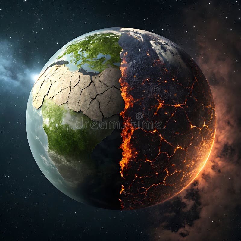 Half-Melted Earth Showing Green and Burning Sides in Space Stock Illustration - Illustration of ...