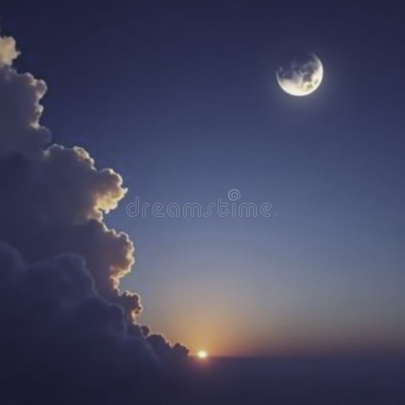 Half Moon Hanging Low in Cloudy Blue Sky with Sun Below Horizon, Sunset ...