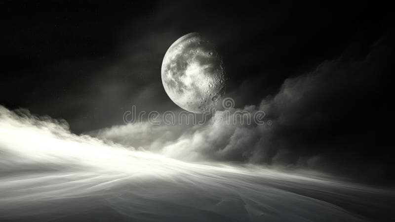 A Half Moon Illuminates a Misty Landscape Stock Illustration ...