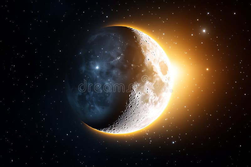 Half Moon Partially Illuminated by Sun in the Starry Sky Stock Image ...