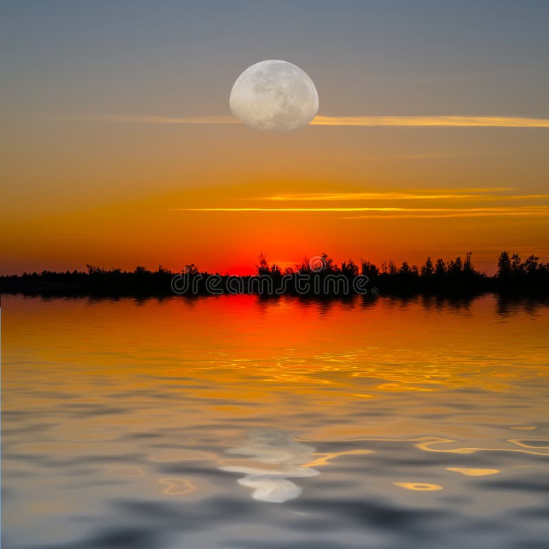 Half Moon and Red Dramatic Sunset Over the Lake Stock Photo - Image of ...
