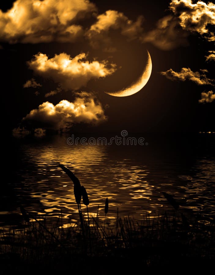 Half of Moon Reflected in Water Stock Image - Image of mysterious ...