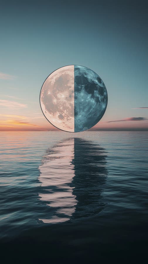 Half Moon Reflection on Ocean at Sunset, Surreal Concept Stock Image ...