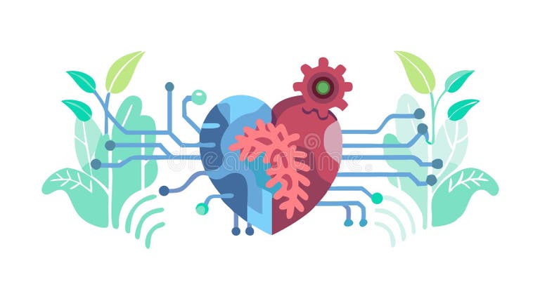 Half Natural Half Bionic Heart with Leaf and Circuit Design, Vector ...
