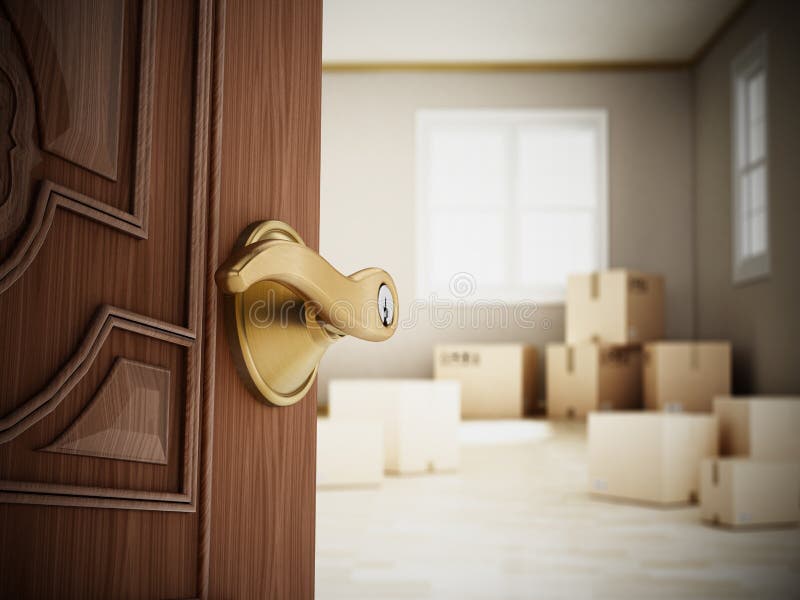 Half Open Apartment Door Opening To Room with Cargo Boxes. 3D ...