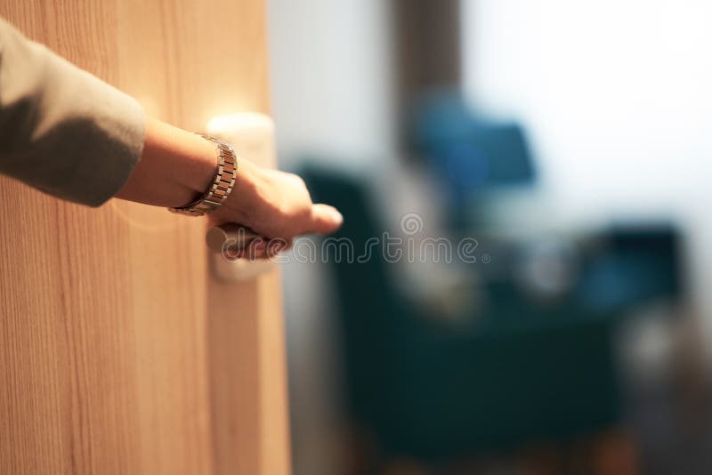 Half-open Door of a Hotel Bedroom with Hand Stock Image - Image of ...