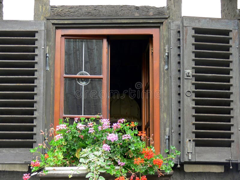 Old Window with Shutters and Flower Arrangements Stock Image - Image of ...