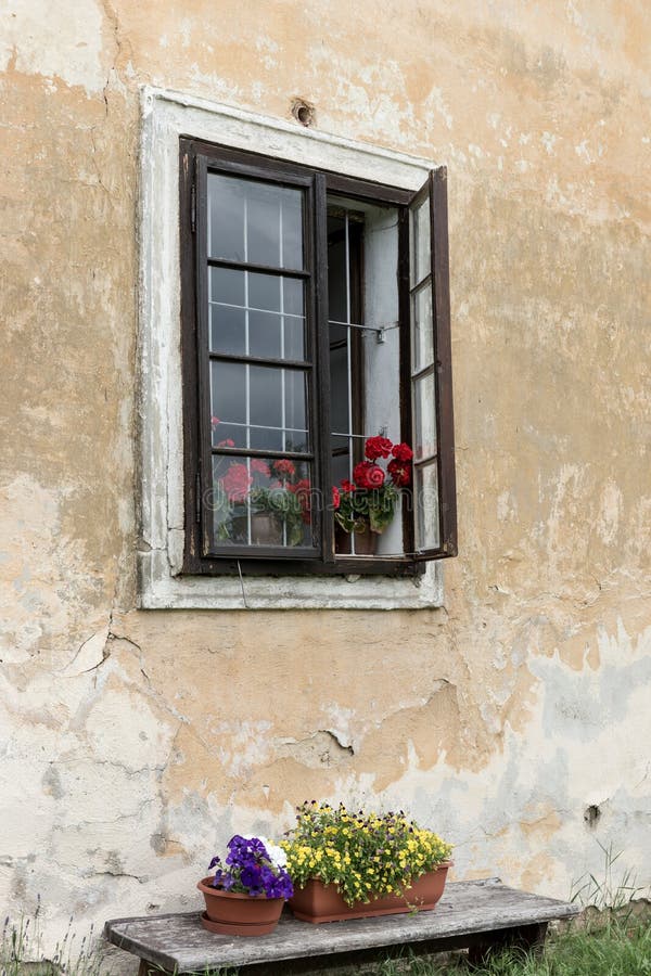 Half-open Window with Flowers of a Building Stock Image - Image of city ...