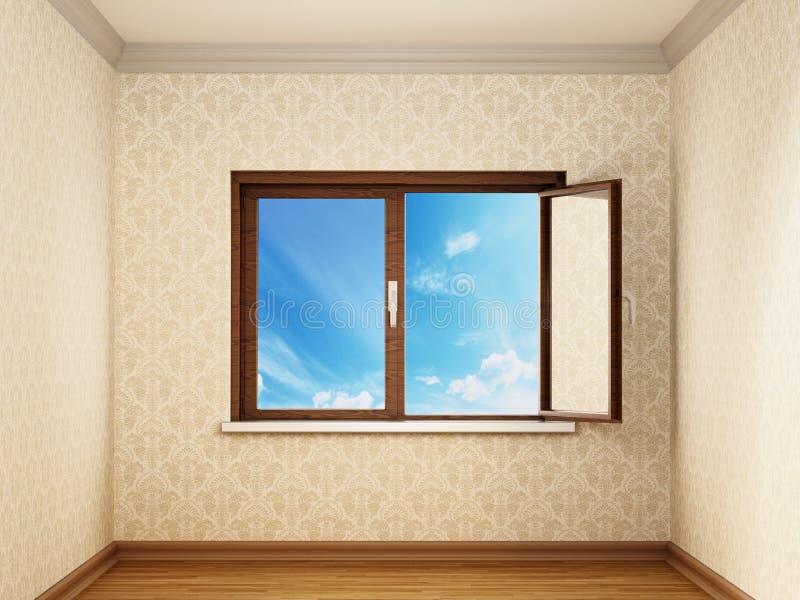 Half Open Windows Inside an Empty Room Opening To Blue Sky. 3D ...