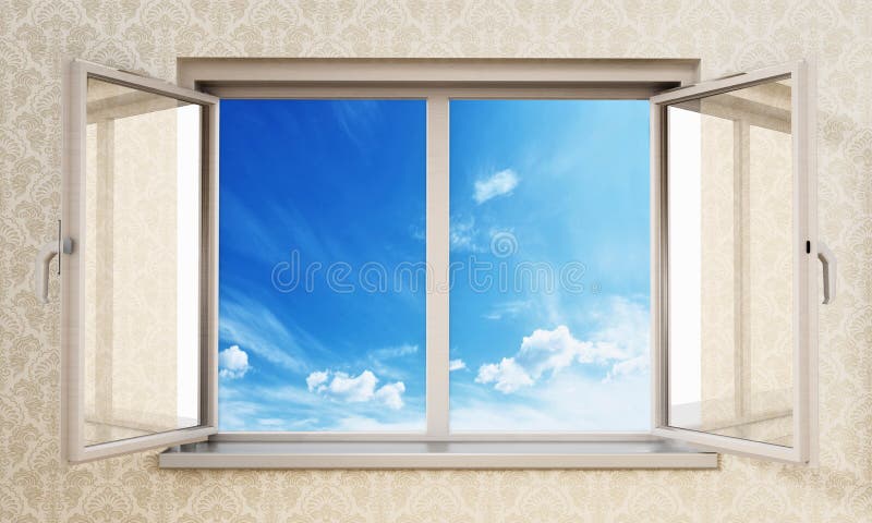 Half Open Windows Inside an Empty Room Opening To Blue Sky. 3D ...