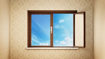 Half Open Windows Inside an Empty Room Opening To Blue Sky. 3D ...
