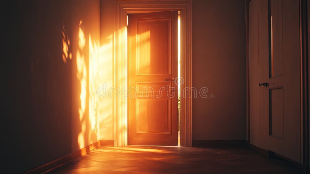 Half-opened Door with Sunlight Spilling Inside. Stock Image - Image of ...