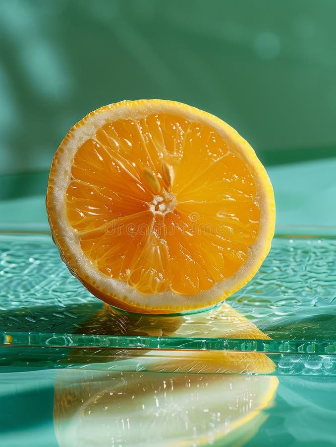 Half an Orange Slice on a Reflective Green Surface Stock Photo - Image of slice, citrus: 358122318