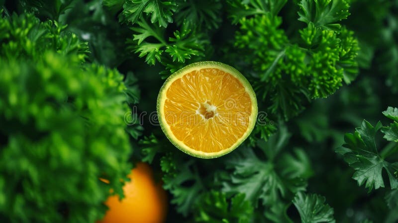 Half Orange Surrounded by Green Parsley Leaves Stock Photo - Image of ...