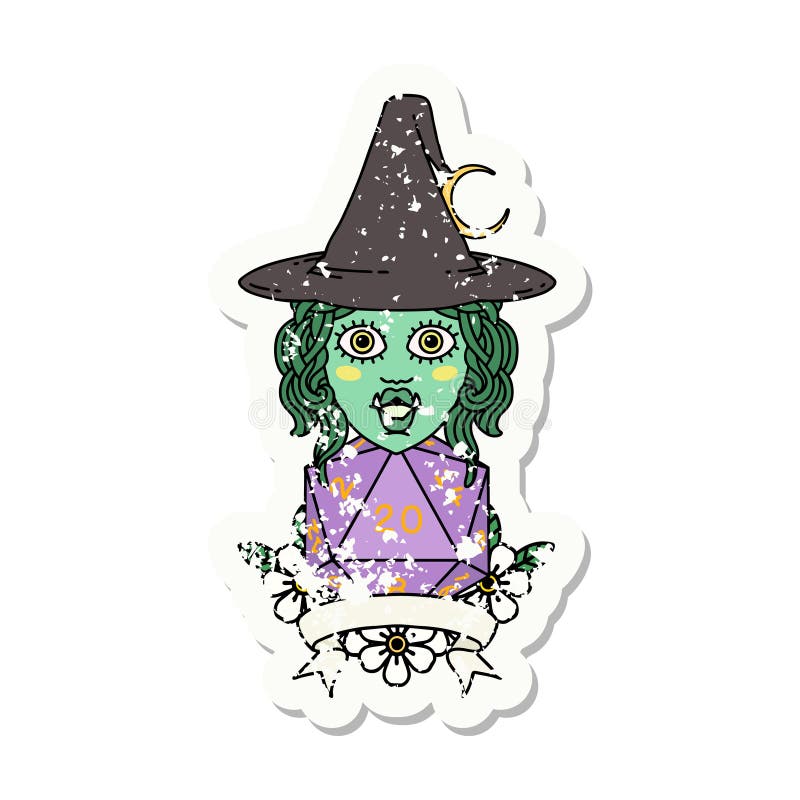 Half Orc Witch Character with Natural 20 Dice Roll Grunge Sticker Stock ...