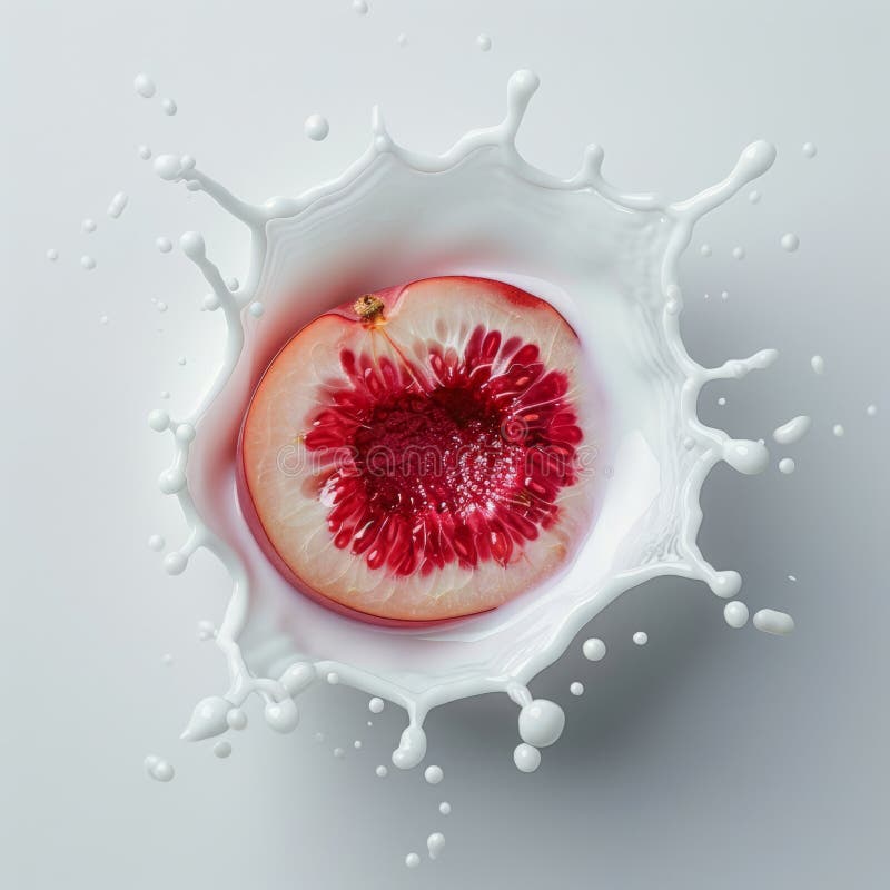 A Half Peach Submerged in a Crown of Milk Splash Stock Illustration ...