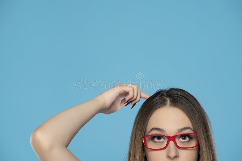 Half Portrait Young Woman Glasses Looking Up Sctratching Her Head Stock ...